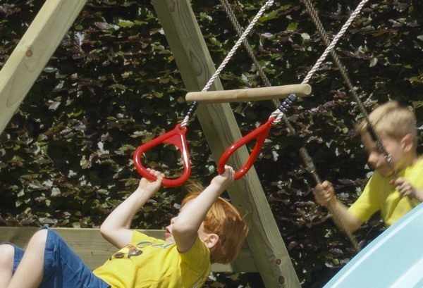 Wooden trapeze swing with triangular gym rings for kids Playgrounds ...